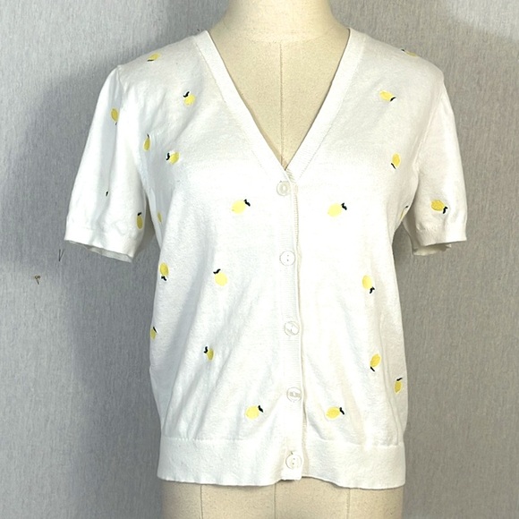 LOFT | Tops | Ann Taylor White Lemon Embroidered Short Sleeve Cardigan ...